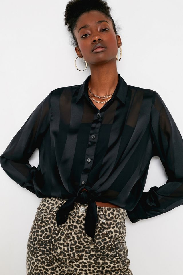 UO Black Tonal Stripe Oversized Button-Through Shirt | Urban Outfitters UK