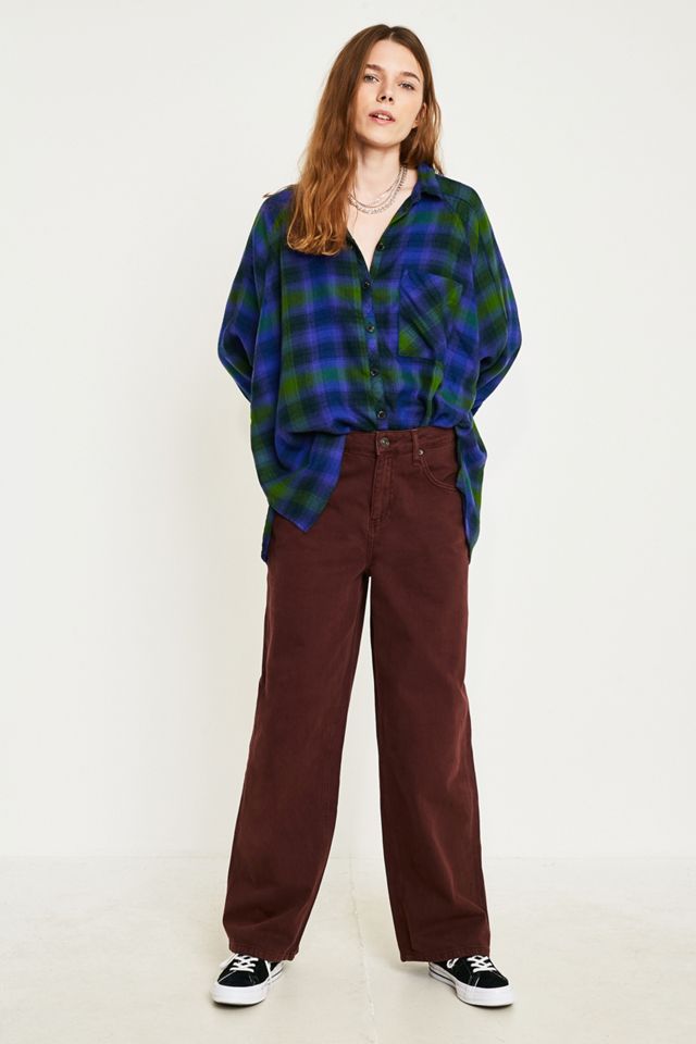 UO Brendan Blue Drapey Flannel Button-Through Shirt | Urban Outfitters UK