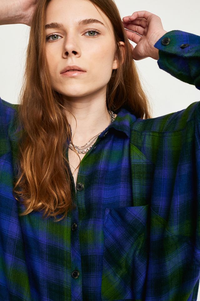 UO Brendan Blue Drapey Flannel Button-Through Shirt | Urban Outfitters UK