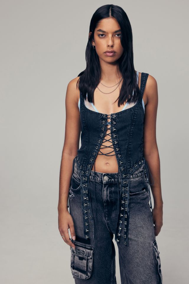 Light Before Dark Acid Wash Punk Corset Top | Urban Outfitters UK