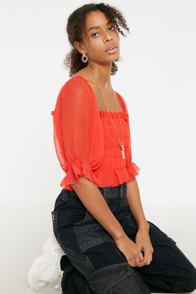 UO Sierra Sheer Smocked Cropped Top | Urban Outfitters UK