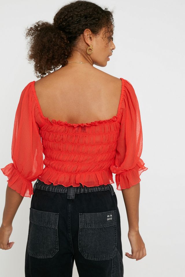 UO Sierra Sheer Smocked Cropped Top | Urban Outfitters UK