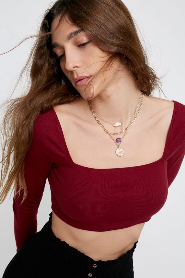 UO Square Neck Long-Sleeve Super Crop Top | Urban Outfitters UK