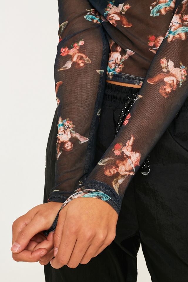 UO Cherub Print Mesh Funnel Neck Top | Urban Outfitters UK