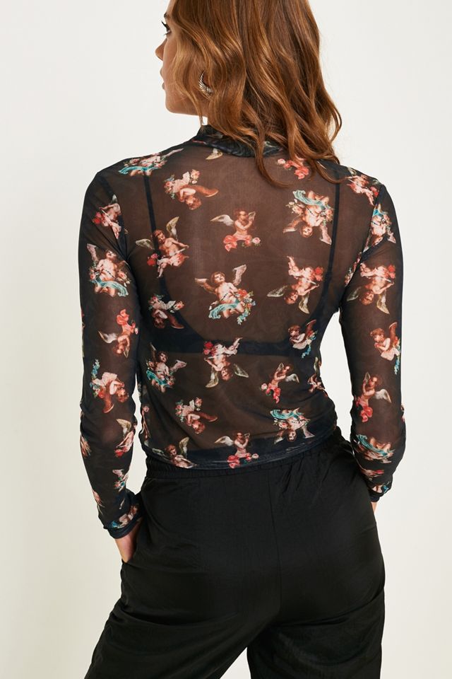UO Cherub Print Mesh Funnel Neck Top | Urban Outfitters UK