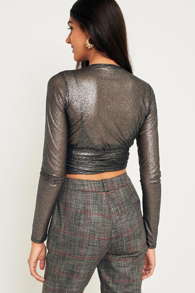 Light Before Dark Sheer Metallic Mesh Wrap Top | Urban Outfitters UK