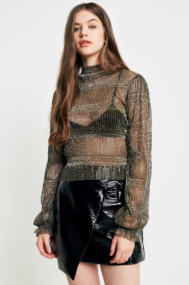 Light Before Dark Sheer Mesh Gold Long Sleeve Top | Urban Outfitters UK