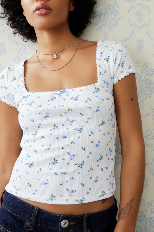 UO Olivia Pointelle Floral Top | Urban Outfitters UK