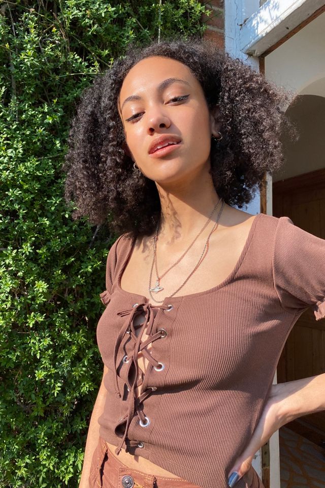 UO Hayley Ribbed Lace-Up Top | Urban Outfitters UK