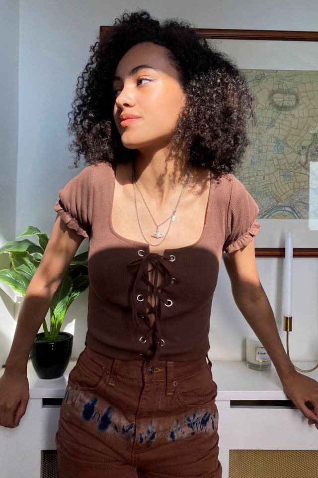 UO Hayley Ribbed Lace-Up Top | Urban Outfitters UK