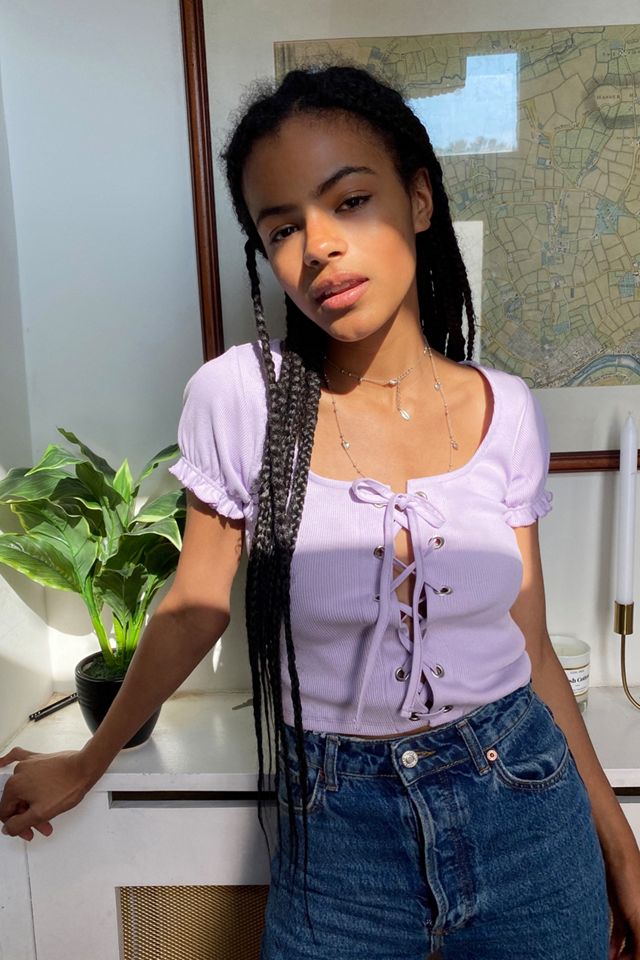 UO Hayley Ribbed Lace-Up Top | Urban Outfitters UK