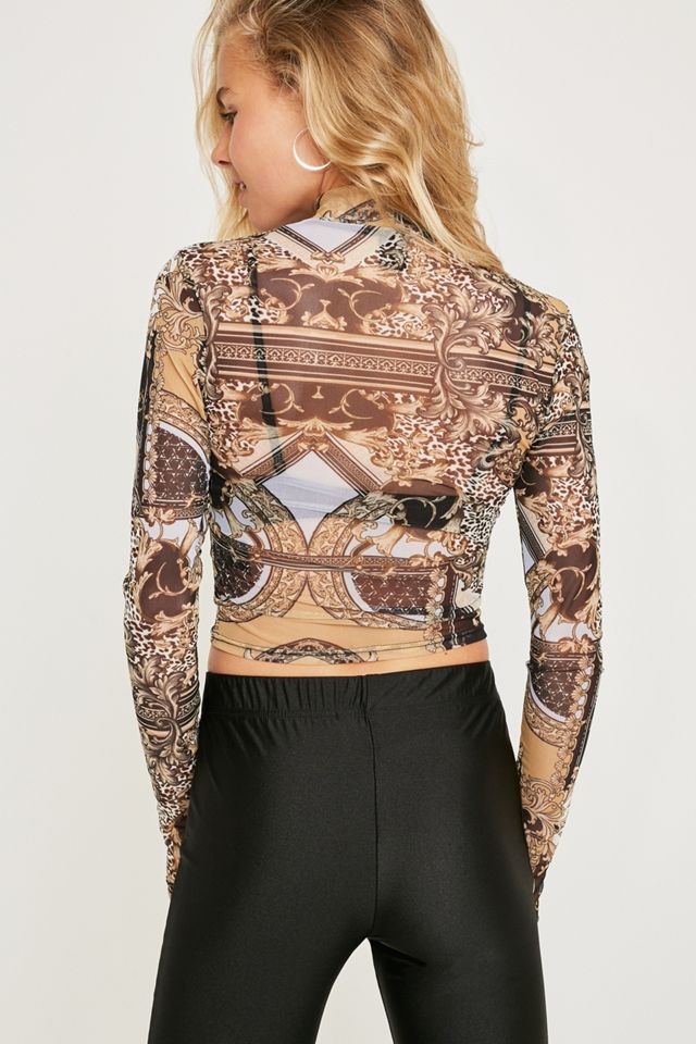 UO Scarf Print Mesh Funnel Neck Top | Urban Outfitters UK