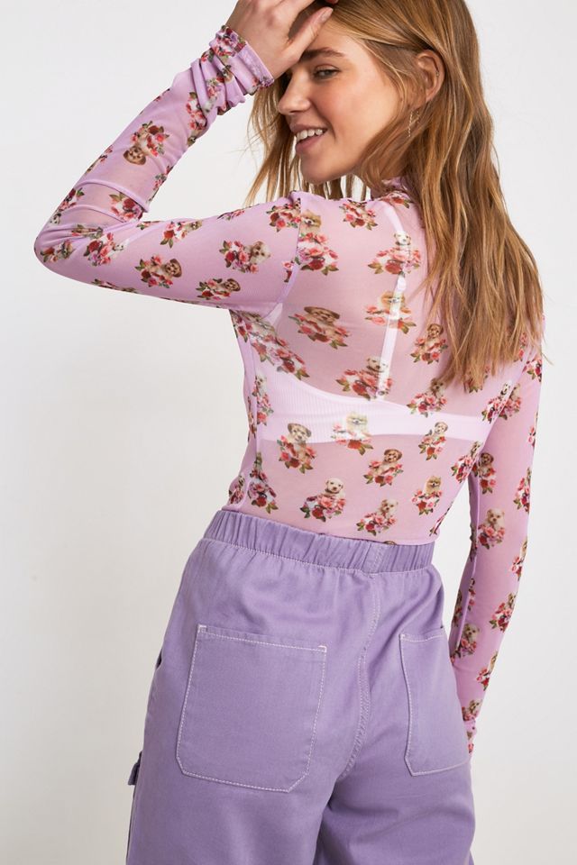 UO Puppy Print Long-Sleeve Mesh Funnel Neck Top | Urban Outfitters UK