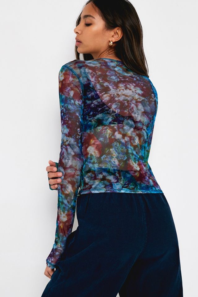 UO Blue Crystal Long-Sleeve Mesh Funnel Neck Top | Urban Outfitters UK