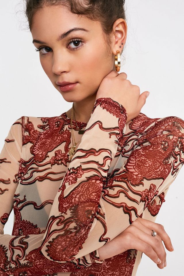 UO Dragon Print Mesh Long-Sleeve Crew Neck Top | Urban Outfitters UK