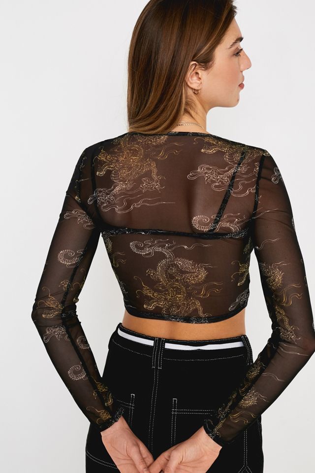 UO Dragon Print Double Layer Mesh Long-Sleeve Top | Urban Outfitters UK
