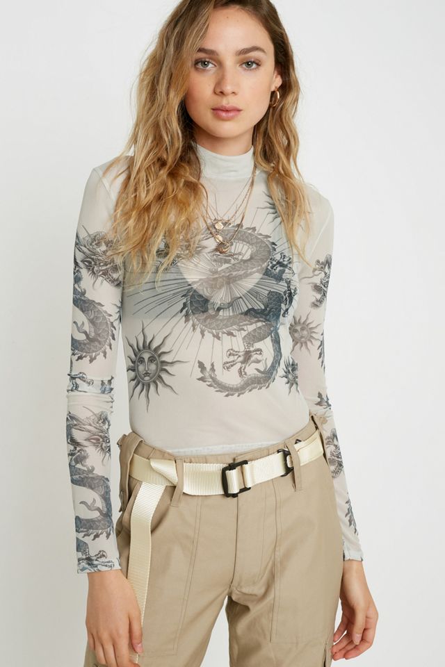 UO Dragon Print Mesh Funnel Neck Top | Urban Outfitters UK