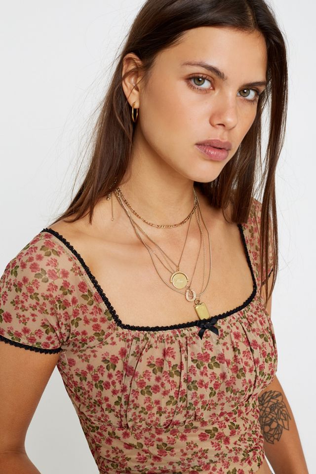 UO Floral Mesh Ruched Top | Urban Outfitters UK