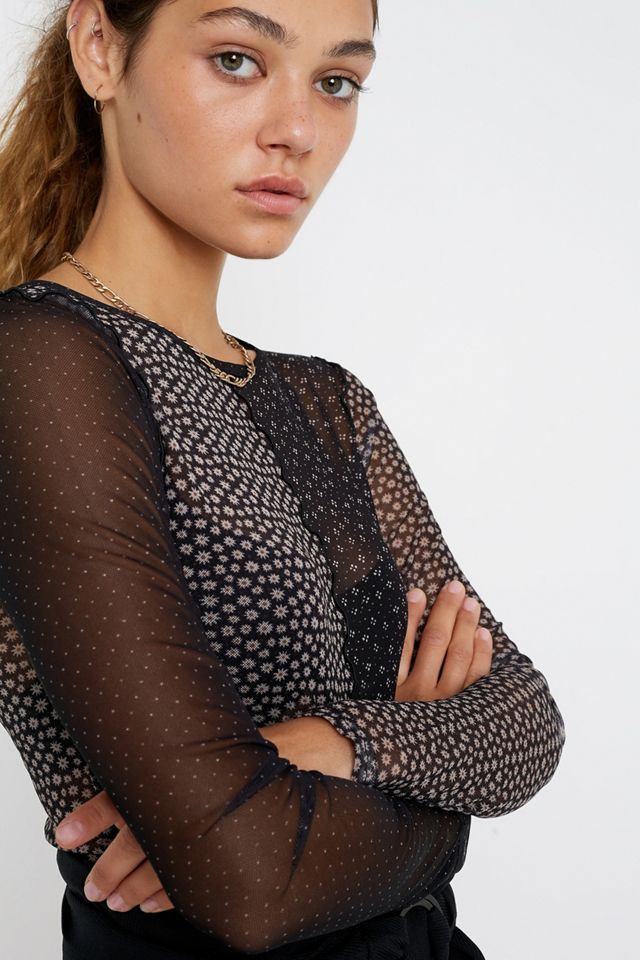UO Patchwork Floral Mesh Long-Sleeve Top | Urban Outfitters UK