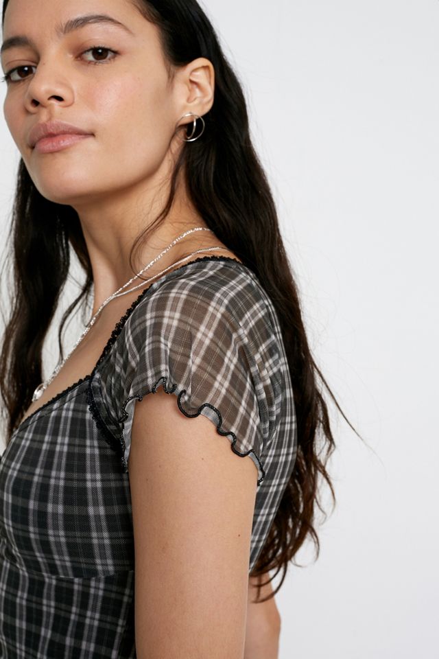 UO Check Mesh Sweetheart Top | Urban Outfitters UK