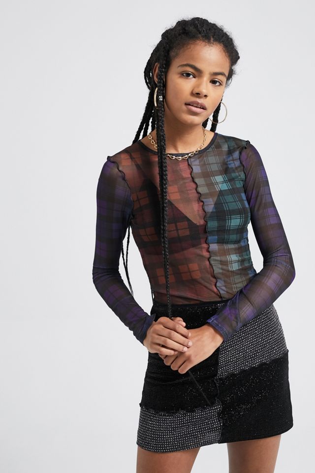 UO Multi Check Lettuce Edge Mesh Top | Urban Outfitters UK