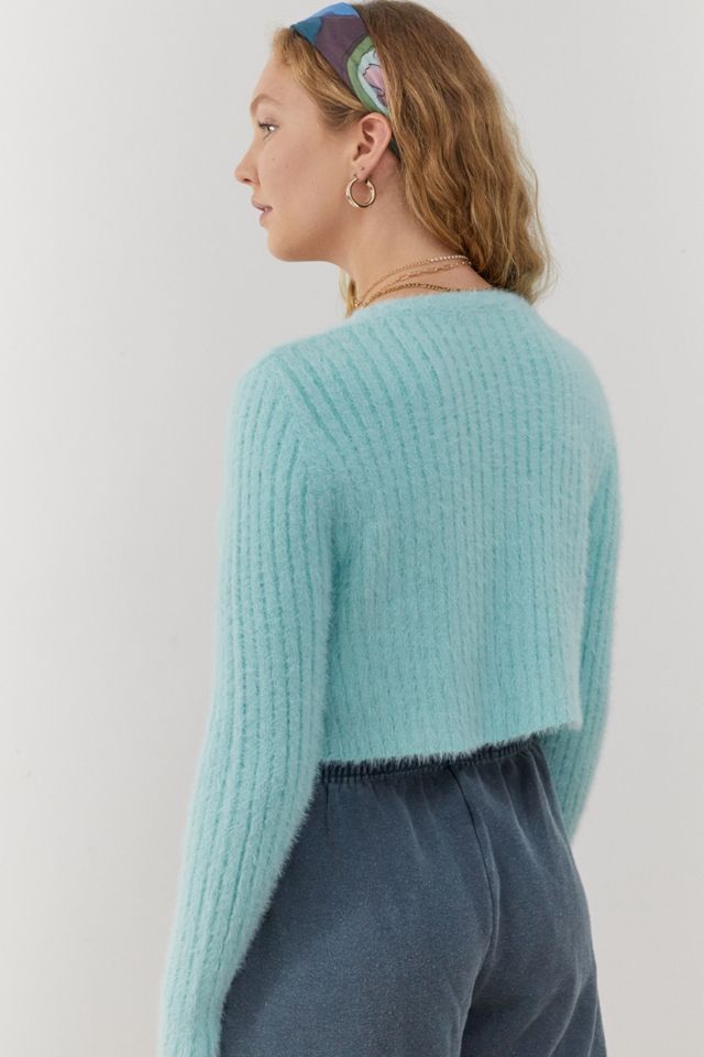 UO Rochelle Fuzzy Light Blue Cropped Cardigan | Urban Outfitters UK