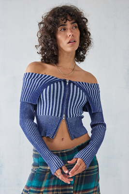 UO Plated Knit Zip-Through Bardot Top | Urban Outfitters ES