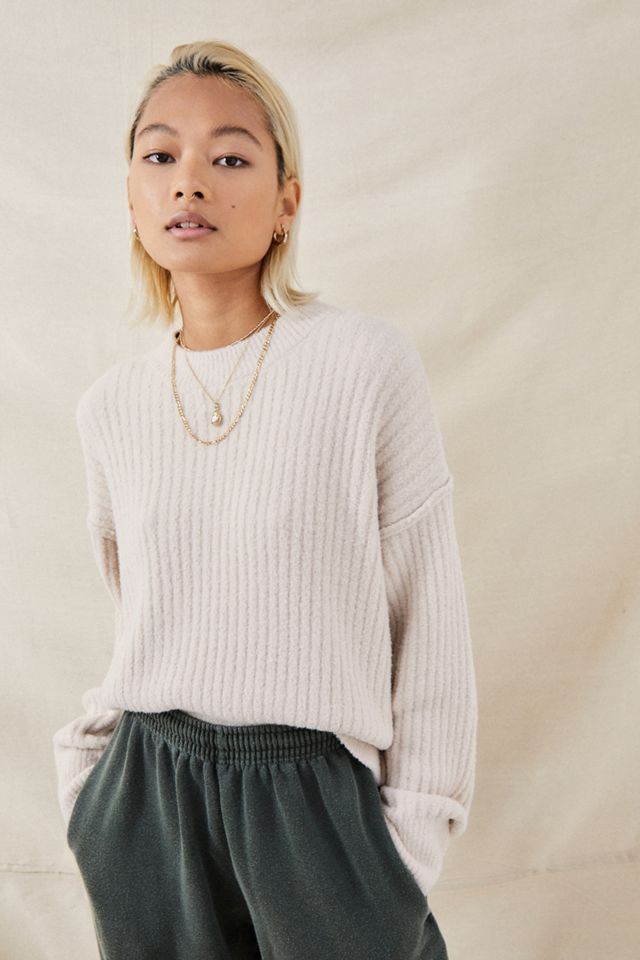 UO Fluffy Beige Ribbed Knit Jumper | Urban Outfitters UK