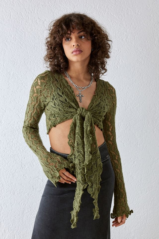 UO Cobweb Knit Tie-Front Top | Urban Outfitters UK