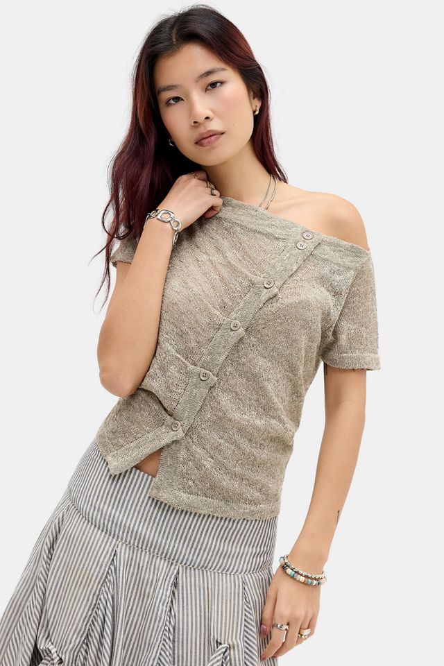 BDG Rue Slash Neck Asymmetric Button Knit Top | Urban Outfitters UK