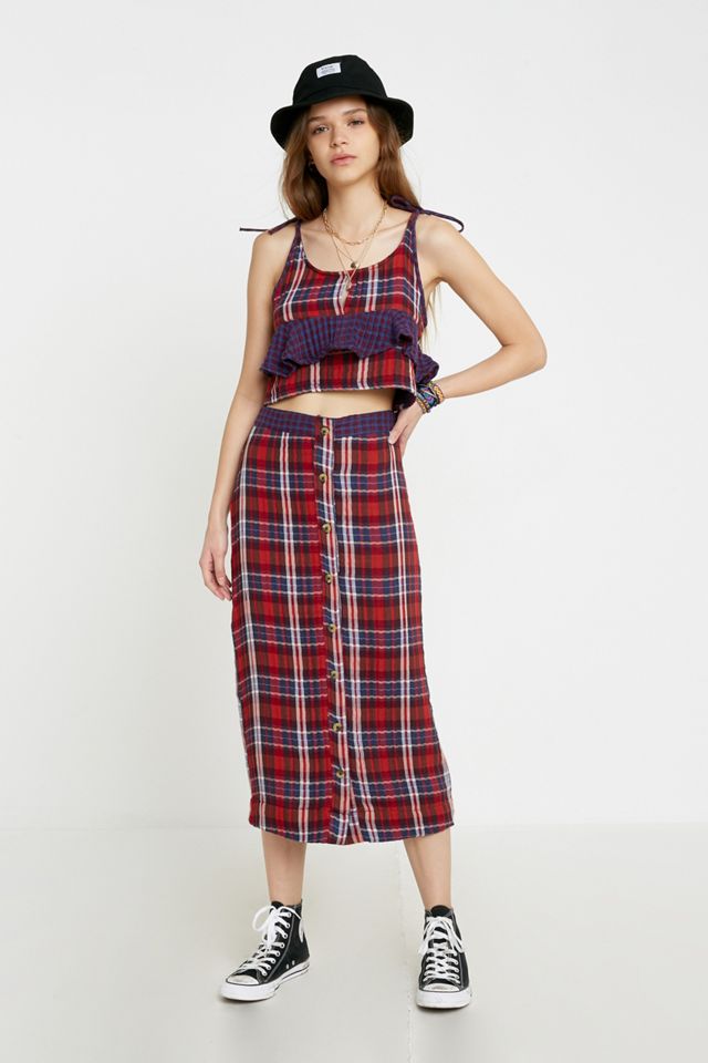 UO Joe Plaid Ruffle Midi Skirt | Urban Outfitters UK