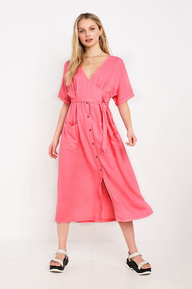 UO Isabelle Pink Linen Midi Dress | Urban Outfitters UK