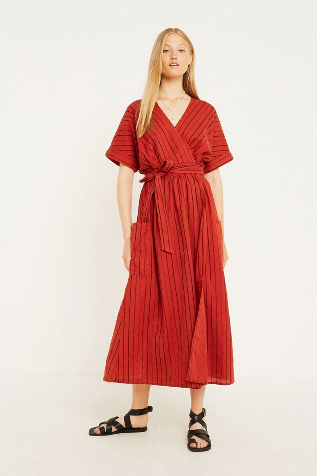 UO Linen Wrap Rust Midi Dress | Urban Outfitters UK
