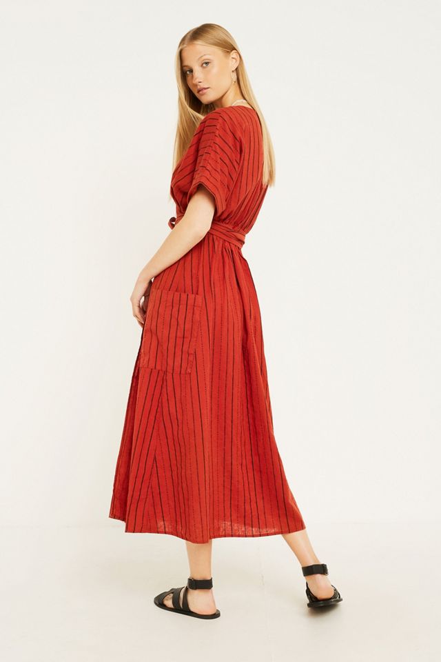 UO Linen Wrap Rust Midi Dress | Urban Outfitters UK