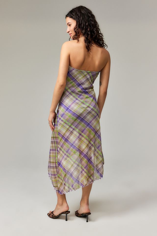 UO Check Morgan Mesh Bandeau Midi Dress | Urban Outfitters UK