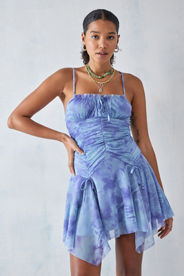 UO Blue Stephy Ruched Mesh Mini Dress | Urban Outfitters UK