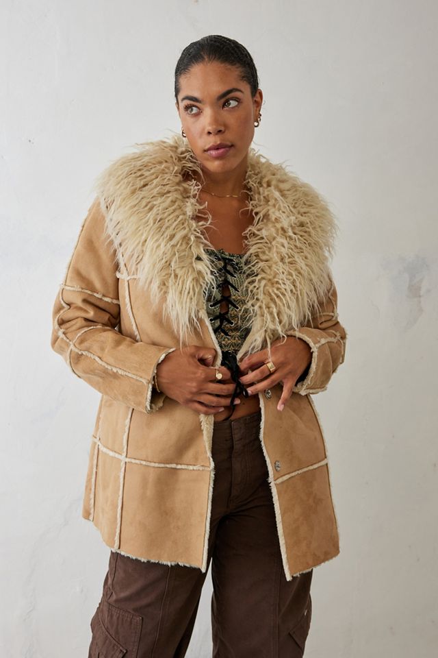 UO Faux Shearling Trim Midi Jacket | Urban Outfitters UK