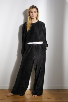 Calvin Klein Modern Cotton Velvet Black Wide Leg Sweatpants Urban Outfitters UK