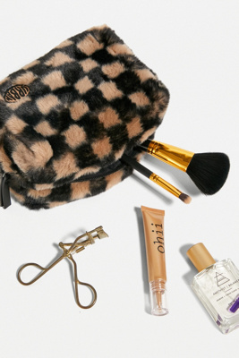 UO Checkerboard Fur Makeup Bag | Urban Outfitters UK