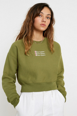 Champion Triple Script Khaki Crop Crew Neck Sweatshirt | Urban ...