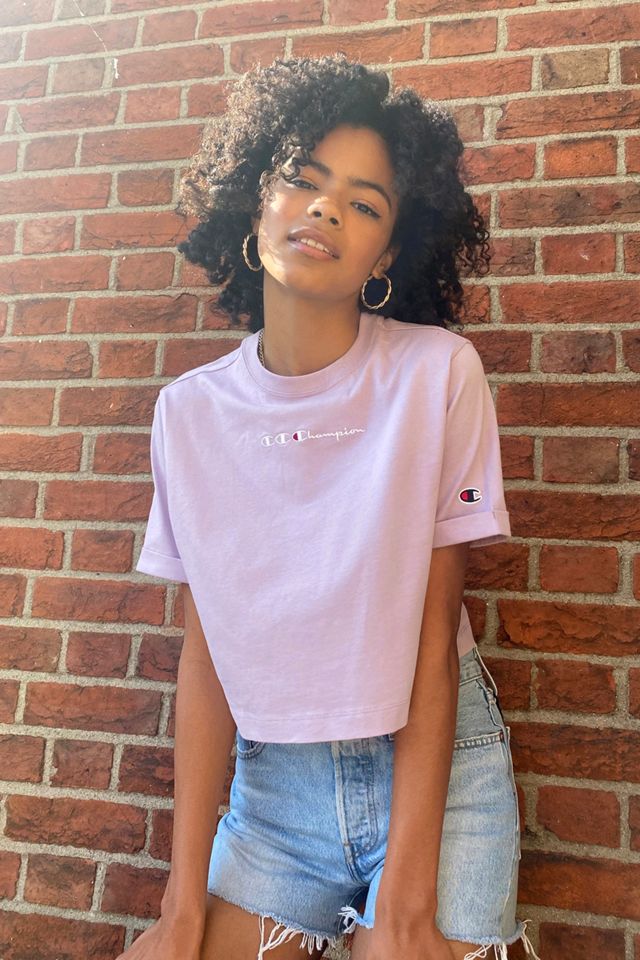 Champion Triple Script Logo Pink Cropped T-Shirt | Urban Outfitters UK
