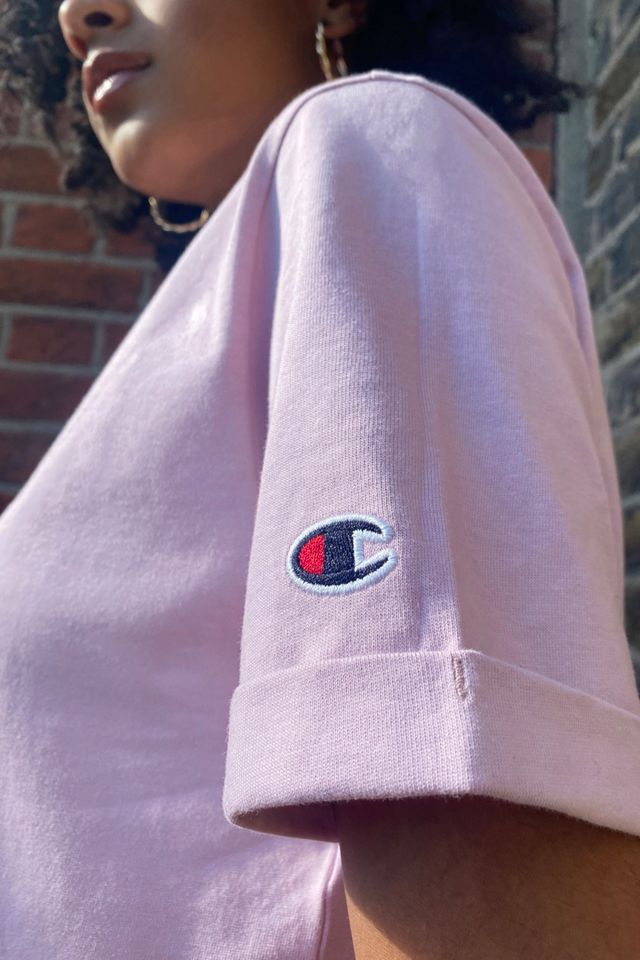 Champion Triple Script Logo Pink Cropped T-Shirt | Urban Outfitters UK