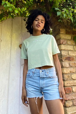 Champion Triple Script Logo Green Cropped T-Shirt | Urban Outfitters UK