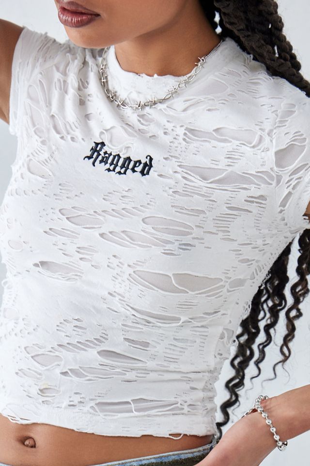 The Ragged Priest White Shredded Baby T-Shirt | Urban Outfitters UK