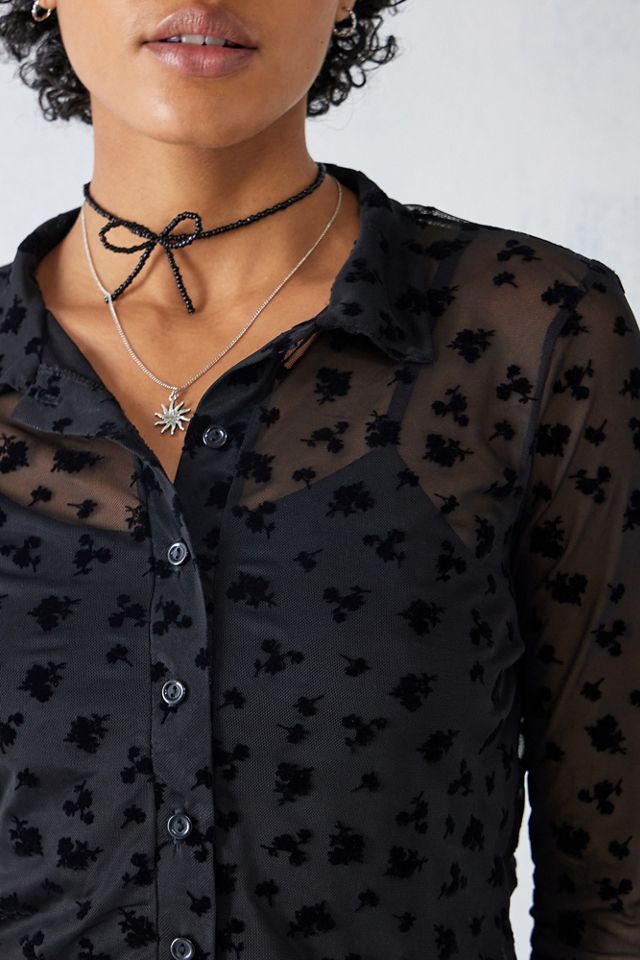 Daisy Street Flocked Mesh Cropped Shirt | Urban Outfitters UK