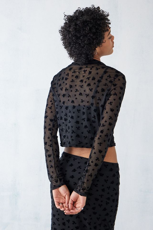 Daisy Street Flocked Mesh Cropped Shirt | Urban Outfitters UK