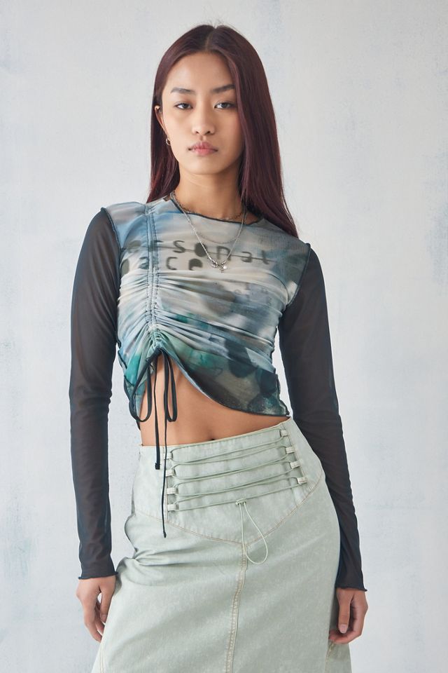 Minga London Echos Printed Ruched Mesh Top | Urban Outfitters UK