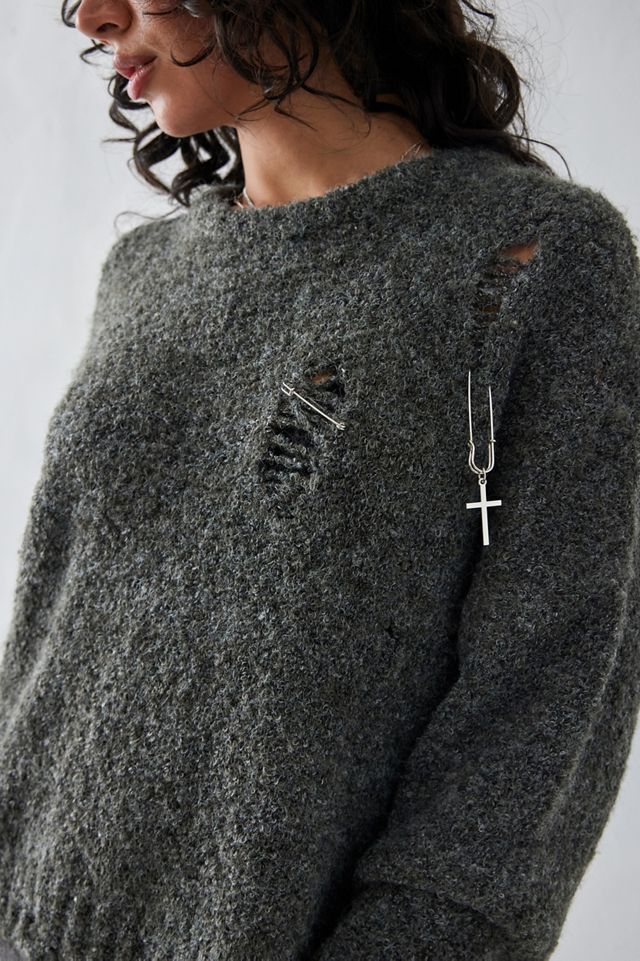 The Ragged Priest Grey Cross Charm Boucle Knit Jumper | Urban Outfitters UK