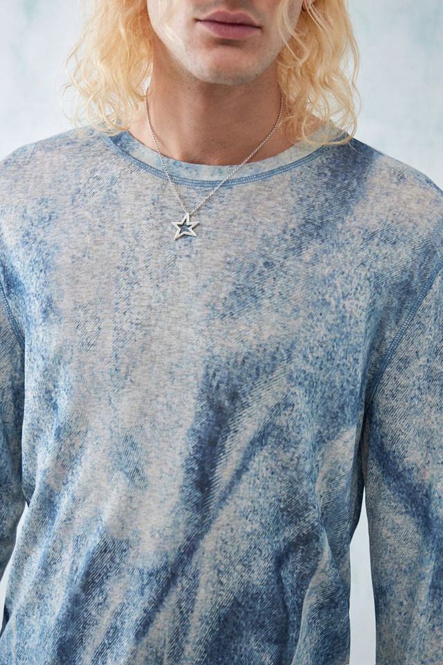 UO Blue Denim Print Mesh Long Sleeve T-Shirt | Urban Outfitters UK