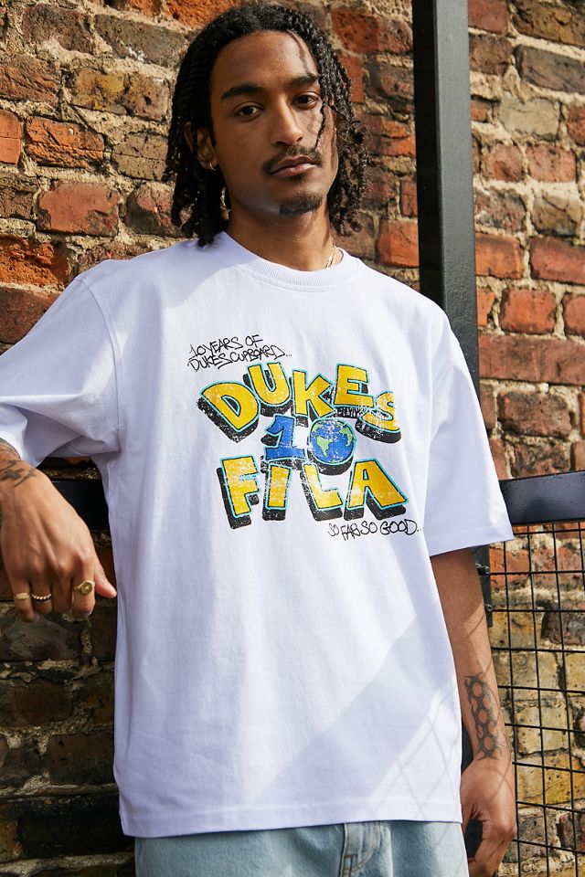 FILA X Dukes Cupboard UO Exclusive White T-Shirt | Urban Outfitters UK